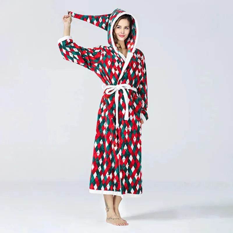 Christmas Sleepwear Women Fleece Hooded Bathrobe Plush Long Robe