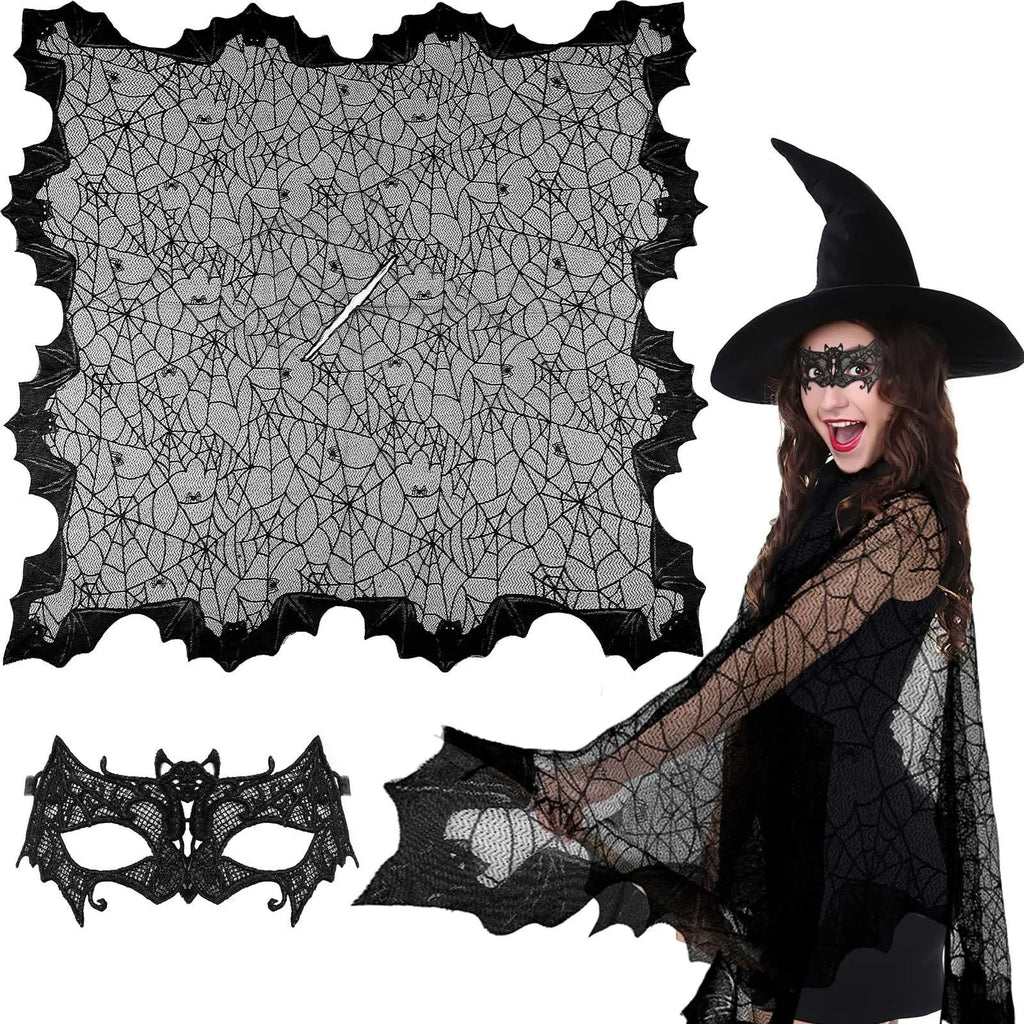 2 Pcs Halloween Poncho For Women Black Bat Spider Web Poncho And Lace