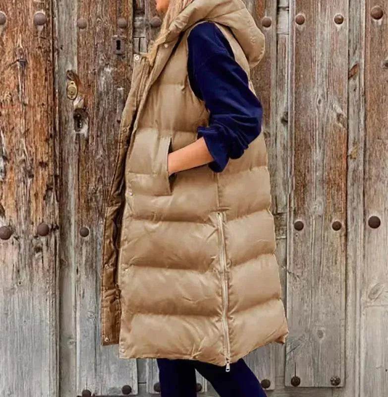 Pure Color Hooded Long Cotton Quilted Puffer Vest Casual | EX-STOCK