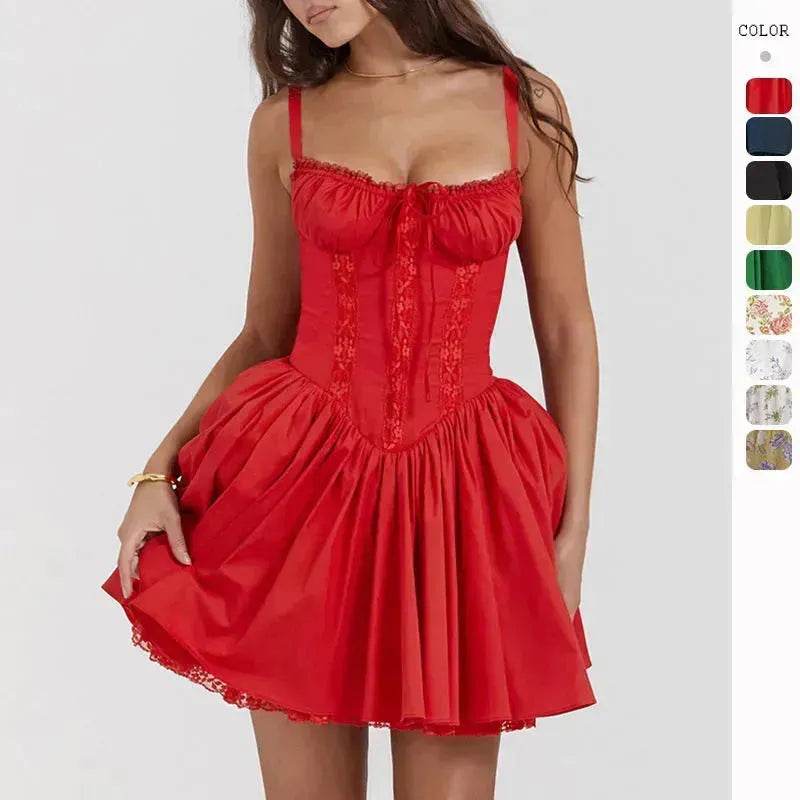 Elegant Chic Women Suspender Mini Skater Dress Summer Fashion Lace-up