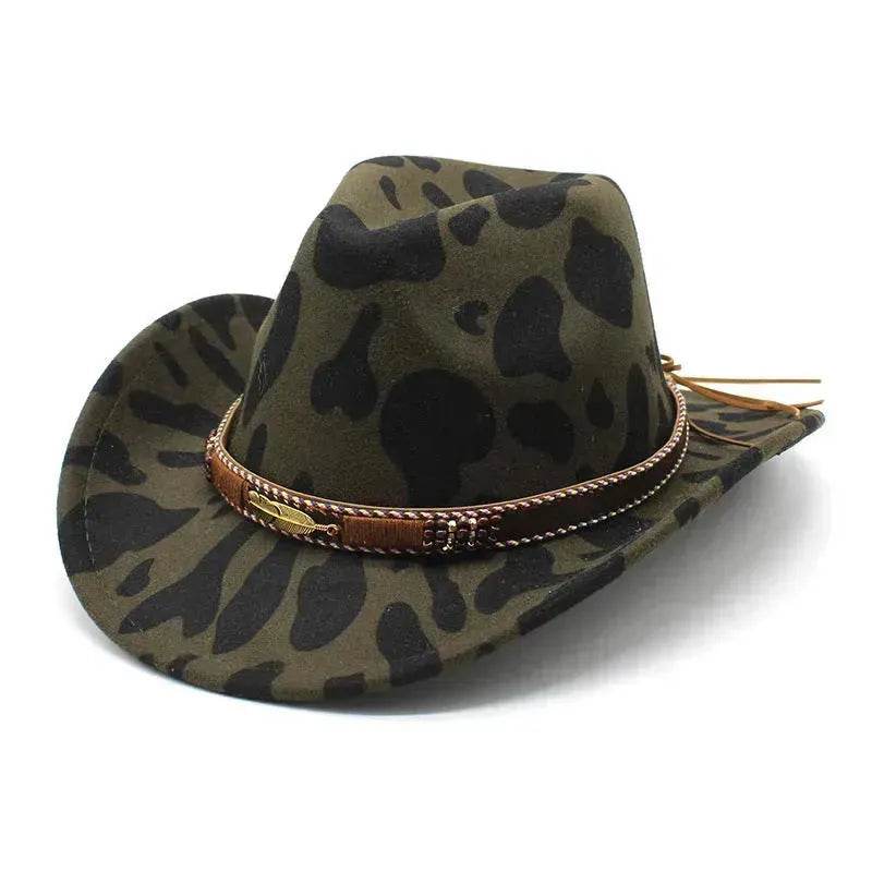 Western Style Camo Cowboy Hat Woolen Felt Cow Pattern Big Wide