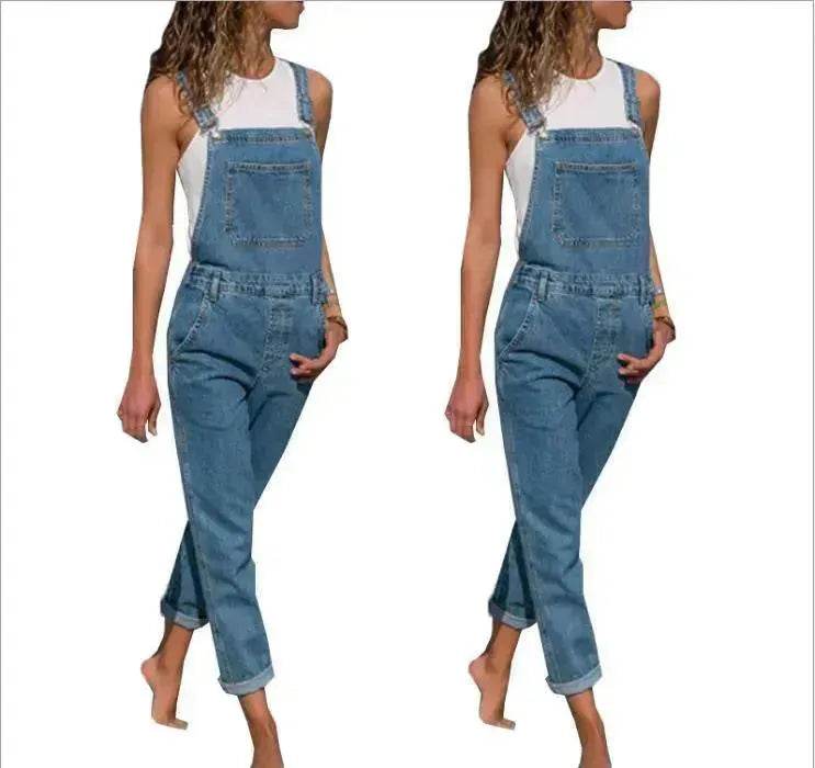 Ladies' Long Blue Denim Jeans Romper Jumpsuit With Straps | EX-STOCK