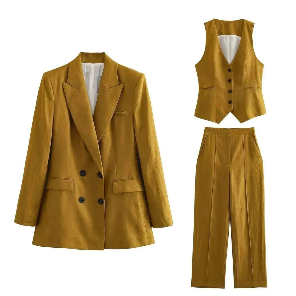 Linen Double Breasted Blazer Vest Straight-leg 3pcs Office Business